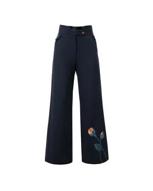 RONDOOZ Hand Painted Cotton Wide Leg Trousers With Hand Applied Embellisht - Blue
