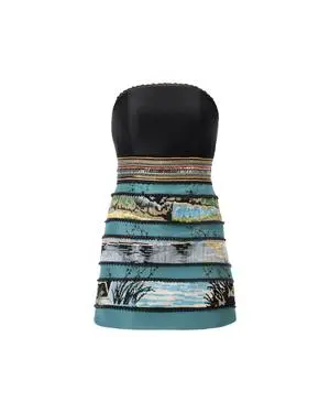 RONDOOZ Hand Painted Satin Mini Dress With Antique French Gobelin Tapestry & Hand Applied Embellisht - Black