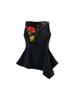 RONDOOZ Hand Painted Velvet Asymmetric Blouse With Antique French Gobelin Tapestry & Hand Applied Embellisht - Black
