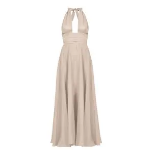 AVENUE 8 Neutrals Draped Halter Neck Linen Maxi Dress Stone