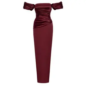 POST MERIDIEM Burgundy Maxi Dress With Draped Bodice & Sleeves - Red