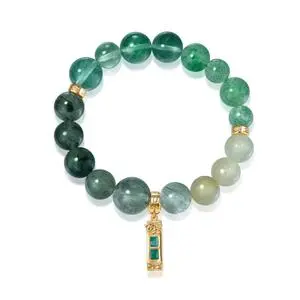 AUROZIA Gold / Green Five Elets Wood Gold Vermeil Emerald Life Tree With Flower Pendant Crystal Bracelet - Gold/green