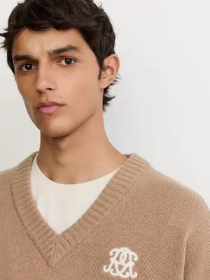 REISS Monogram Wool Relaxed V-neck Jumper