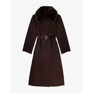 Maje Faux Fur-collar Belted Wool-blend Coat - Brown