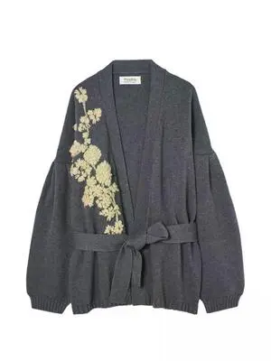 PSOPHIA Floral-embroidered Belted Cardigan - Grey