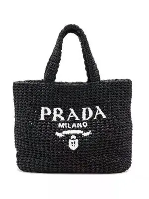 Prada 2019-2026 Small Raffia Effect Crochet Embroidered Logo Tote Bag - Black