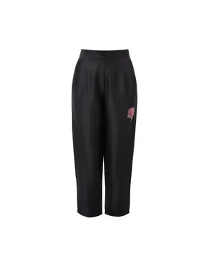 RONDOOZ Hand Painted Satin Straight-leg Trousers With Hand Applied Embellisht - Black