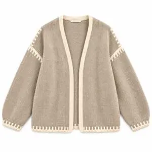 LATELIER LONDON Neutrals Taupe Knit Cardigan With Cream Contrast Trim & Detail - White