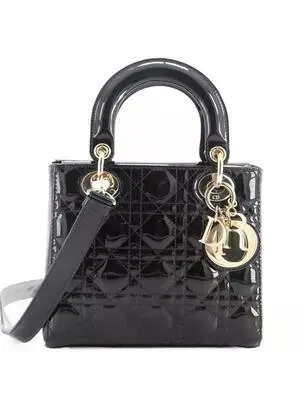 Dior Lady Bag Cannage Quilt Patent Small Satchel - Black