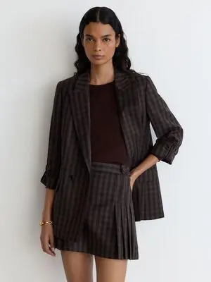 REISS Wool Pleated Mini Skirt - Grape Check