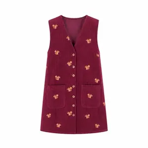 YUMI Burgundy Squirrel Embroide Button Up Pinafore Dress - Red