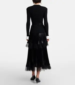 SELF-PORTRAIT Embellished Pleated Lace-trimmed Midi Dress