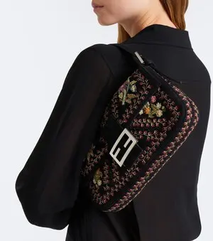 Fendi Baguette® 26424 Floral Suede Shoulder Bag