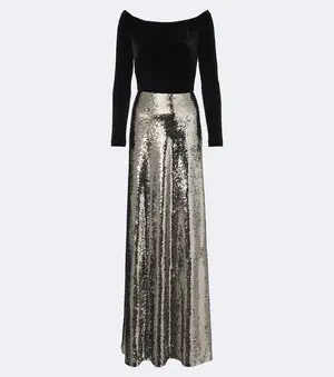 Monique Lhuillier Sequined Velvet-paneled Off-shoulder Gown - Black