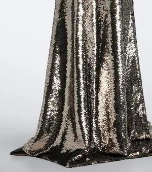 Monique Lhuillier Sequined Velvet-paneled Off-shoulder Gown