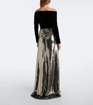 Monique Lhuillier Sequined Velvet-paneled Off-shoulder Gown