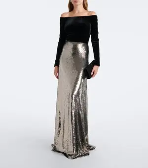 Monique Lhuillier Sequined Velvet-paneled Off-shoulder Gown