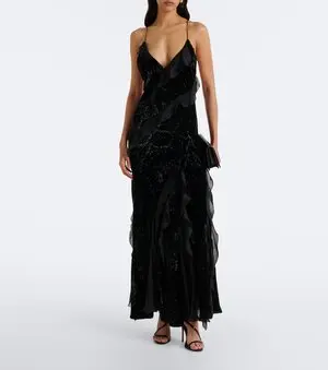 Roberto Cavalli Embellished Ruffled Velvet Gown