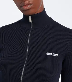 Miu Miu Logo Ribbed-knit Cotton Zip-up Sweater