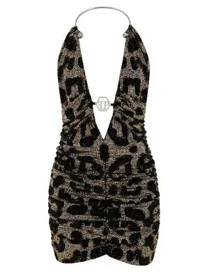 Philipp Plein Animal Print Jersey Mini Dress With Draping And Off-shoulder Design