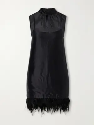 Staud Albee Feather-trimmed Silk Mini Dress - Black