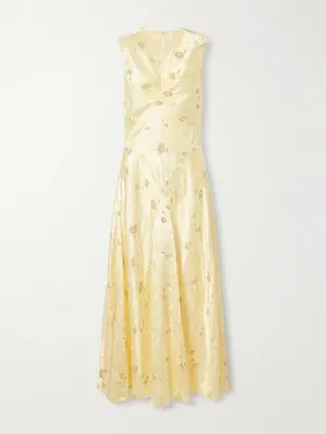 DÔEN Ginette Paneled Floral Satin-jacquard Midi Dress - Yellow
