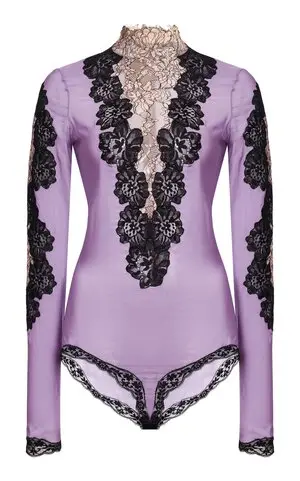 Valentino Garavani Lace-trimmed Jersey Bodysuit - Purple