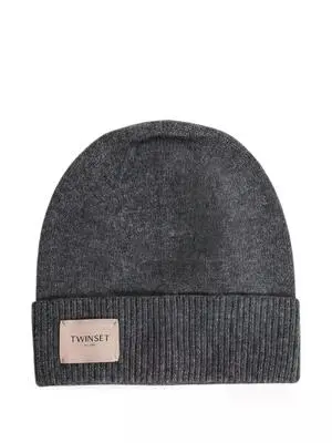 TWINSET Logo-patch Ribbed-trim Beanie Hat - Grey