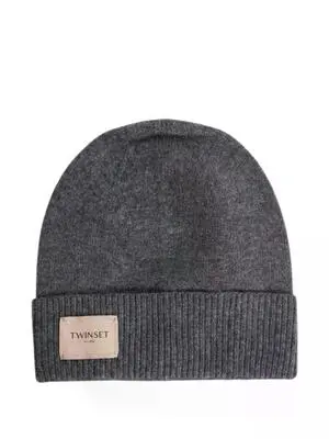 TWINSET Logo-patch Ribbed-trim Beanie Hat - Grey
