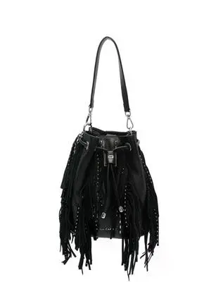 LA CARRIE Fringe-detail Studded Bucket Bag - Black