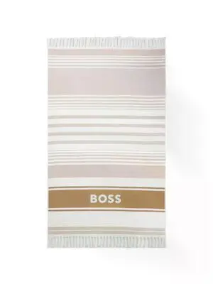 BOSS Fringed Logo Beach Towel In Cotton Jacquard - White