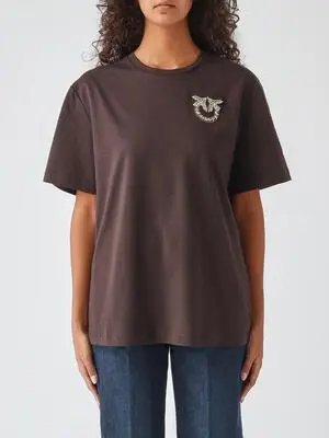 Pinko Cotton Crewneck T-shirt With Rhinestone Love Birds Logo - Dark