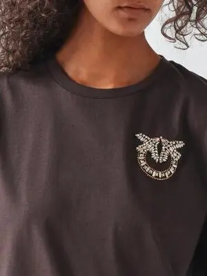 Pinko Cotton Crewneck T-shirt With Rhinestone Love Birds Logo - Dark