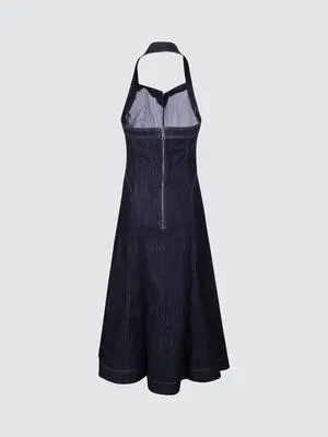 SELF-PORTRAIT A-line Off-the-shoulder Denim Midi Dress With Halter Neck
