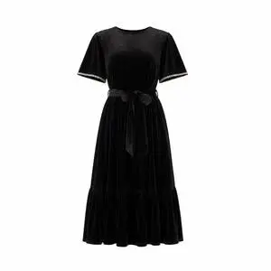 YUMI Velvet Midi Dress With Embellished Sleeve
