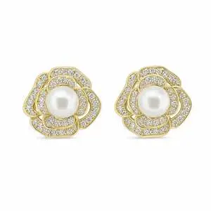 ANGEL BAROCCO Crystal Rose Freshwater Pearl Stud Earrings - Gold