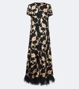 La DoubleJ Buttercup Feather-trimmed Silk Maxi Dress - Multicoloured