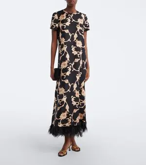La DoubleJ Buttercup Feather-trimmed Silk Maxi Dress