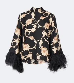La DoubleJ Buttercup Feather-trimmed Silk Blouse - Multicoloured