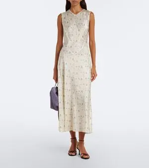 DÔEN Adelana Floral Silk Satin Midi Dress