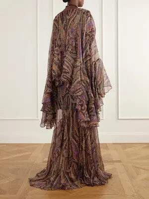Etro Draped Ruffled Printed Metallic Silk-blend Crepon Maxi Dress