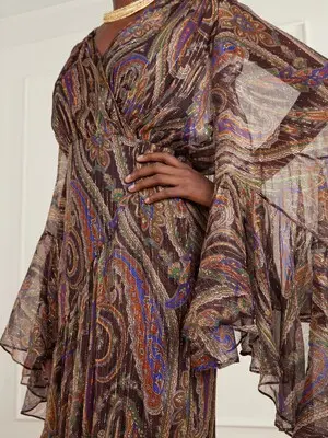 Etro Draped Ruffled Printed Metallic Silk-blend Crepon Maxi Dress