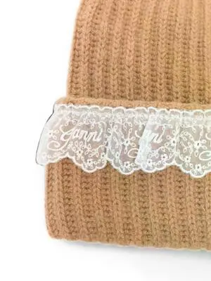 GANNI Lace-trimmed Ribbed Beanie Hat