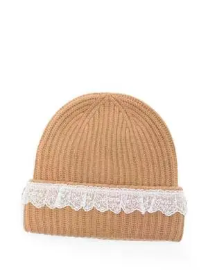 GANNI Lace-trimmed Ribbed Beanie Hat - Neutrals