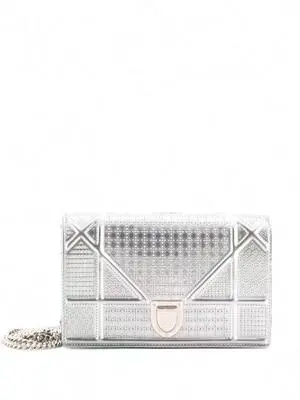 Dior Diorama Wallet On Chain Cannage Embossed Calfskin Clutch Bag - Silver