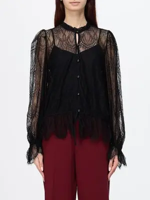 TWINSET Long-sleeved Lace Shirt With Mandarin Collar And Drawstring Waist - Black