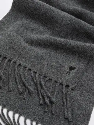 AMI Paris Pure Wool Scarf With Embroidered Logo And Fringed Edges - Grey
