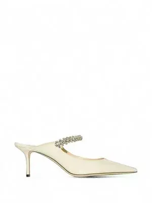 JIMMY CHOO Bing 65 Linen Patent Leather Mules With Crystal Strap - Neutrals