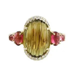 ARTISAN 14k Yellow Green Tourmaline, Pink Tourmaline & Diamond Statet Ring - Gold