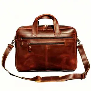 TOURI Genuine Leather Briefcase With Zip Pockets - Brown